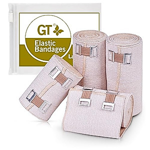 Premium Elastic Bandage Wraps (4" 2pack & 3" 2Pack) Metal Clip Fasteners - GT Latex Free Roll for Sprains & Injuries