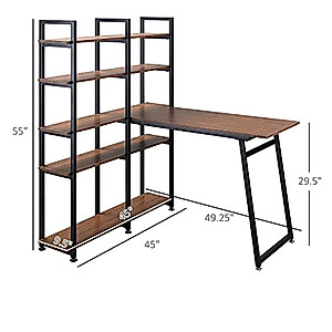 HOMCOM 5 Tier Versatile L-Shaped Computer Desk, Writing Table with Display Shelves and Metal Frame, Space-Saving for Study, Home Office, Walnut
