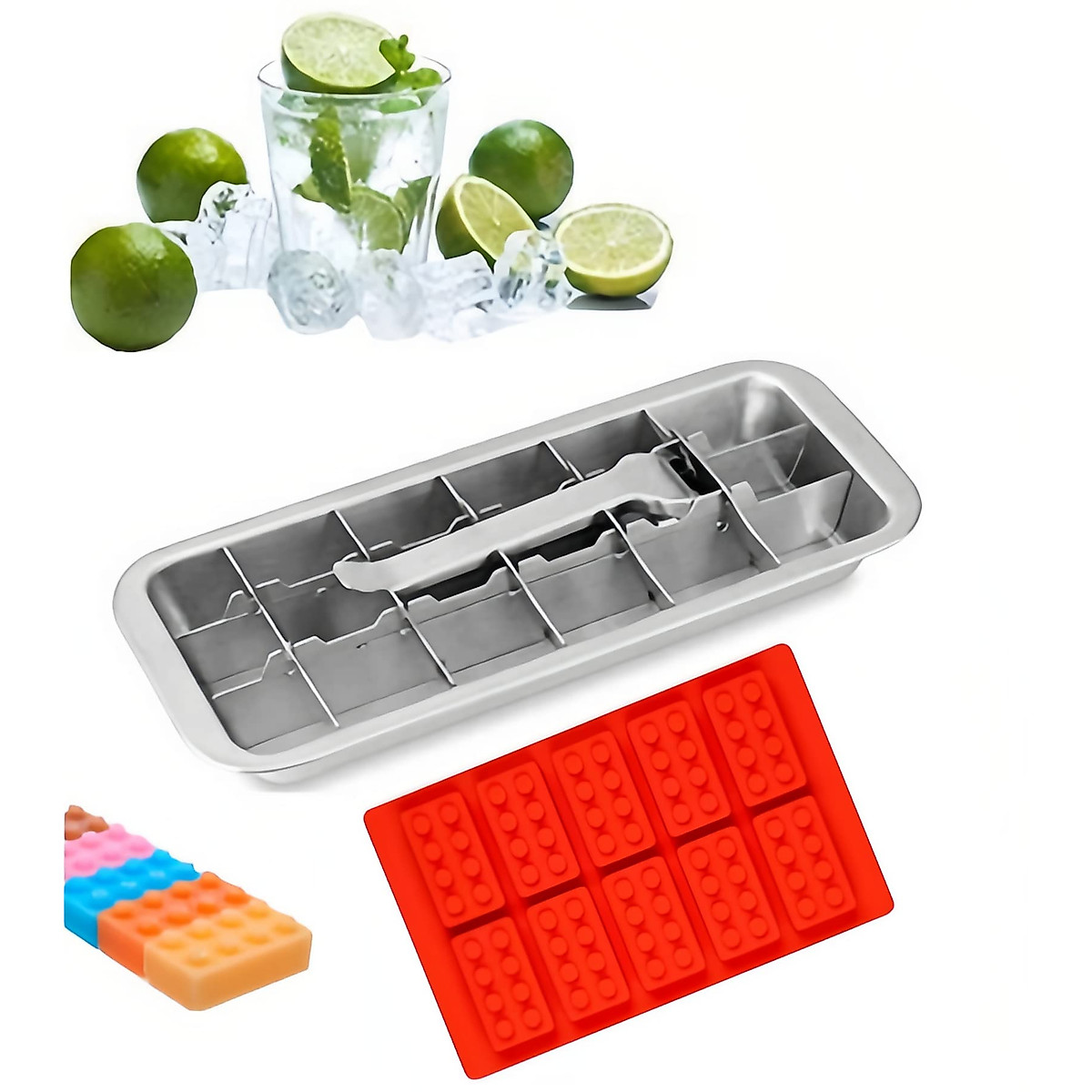 Metal Ice Cube Trays for Freezer with Easy Release Handle,and Building Brick Ice Tray or Candy Mold for Lego Fans,2pcs Ice Freezer Molds