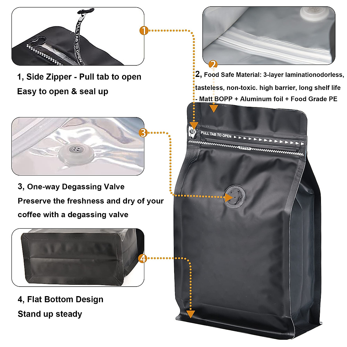 50 Pack Coffee Bags with Aluminum Foil and Degassing Valve, Resealable High Barrier Storage Bags, Odor-Proof for Coffee Beans, Stand Up Coffee Pouch, Flat Bottom (Large-16OZ, Black)