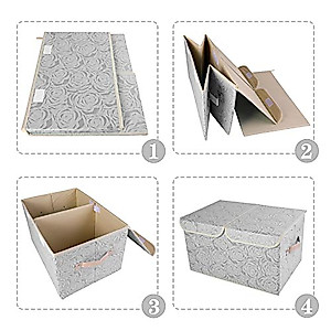 Lucky Monet 1 Pack Rose Pattern Storage Bins with Double Lids and Handles Large Foldable Fabric Organizer Cubes Storage Basket Box Containers (17.3"x11.8"x9.8", Gray)