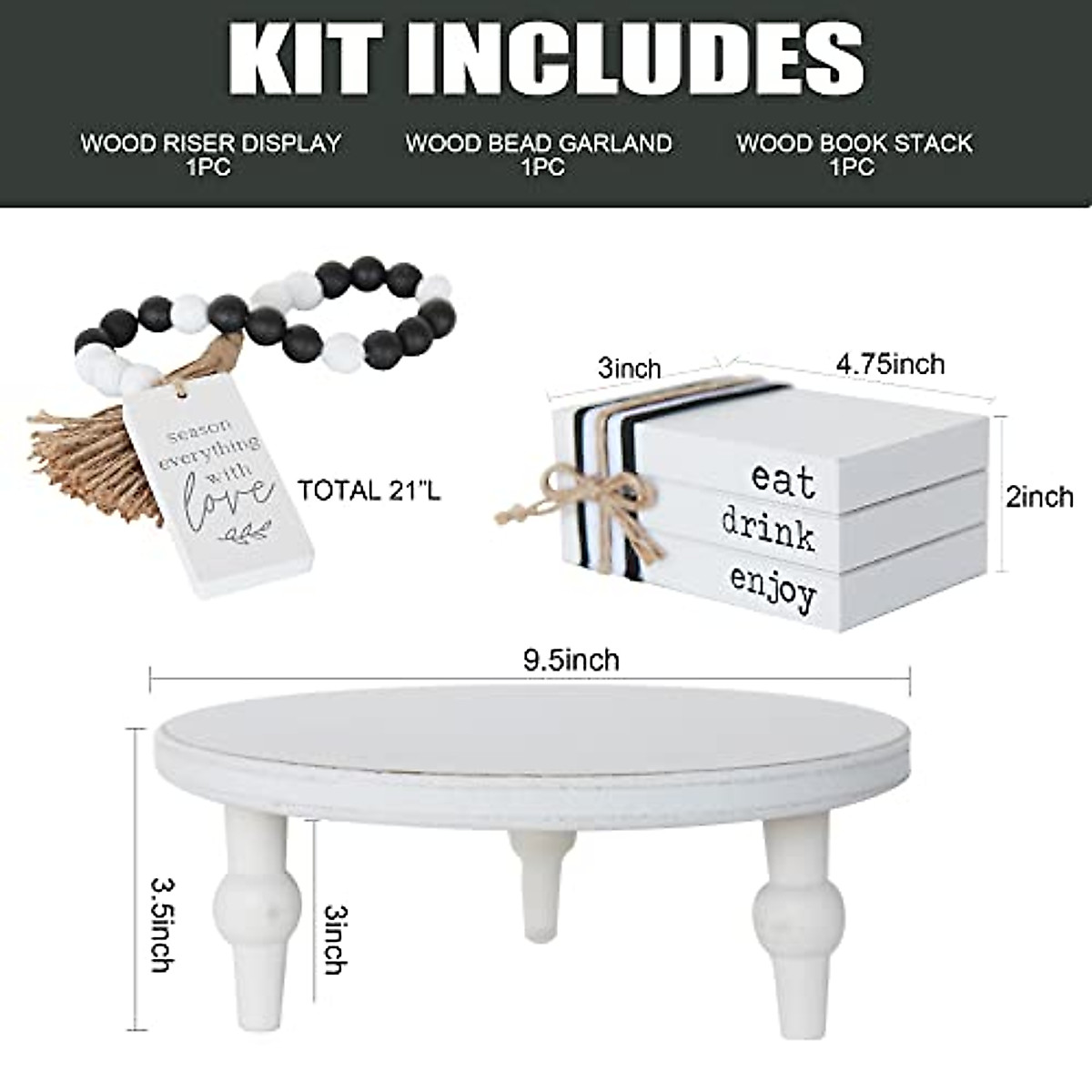 GENMOUS Farmhouse Decorative Round Wood Risers For Decor, White Wood Pedestal Stand With Wood Book Stacks and Garland For Rustic Accent Centerpiece Display in Kitchen/Bathroom/Dining/Living Room