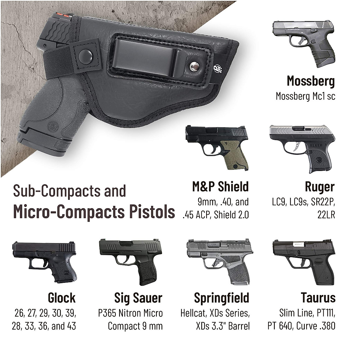 IWB Gun Holster by PH - Concealed Carry Soft Material - Soft Interior - Fit M&P Shield 9mm.40.45 Auto/Glock 19 26 27 29 30 33 42 43 / Rug LC9, LC380 - Taurus Slim, PT111 G2 - Springfield XDs Hellcat