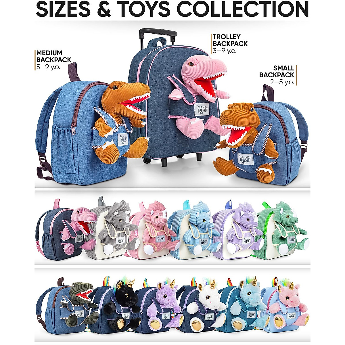 Naturally KIDS Small Dinosaur Backpack - Dinosaur Toys for Kids 3-5 - Toddler Backpack for Boy Girl w Stuffed Animal - Gifts for 3 Year Old Boy - w Pockets & Reflective Logo - Backpack w Brown T Rex