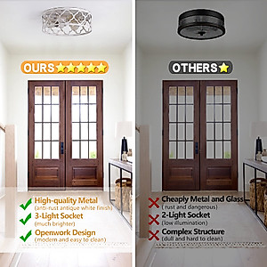 Bargeni Flush Mount Ceiling Light,13-inch Ceiling Light Fixture,3-Light Kitchen Light Fixtures,Rustic Antique White Finish,Farmhouse Light Fixtures for Bedroom,Living Room,Kitchen,Hallway and Foyer