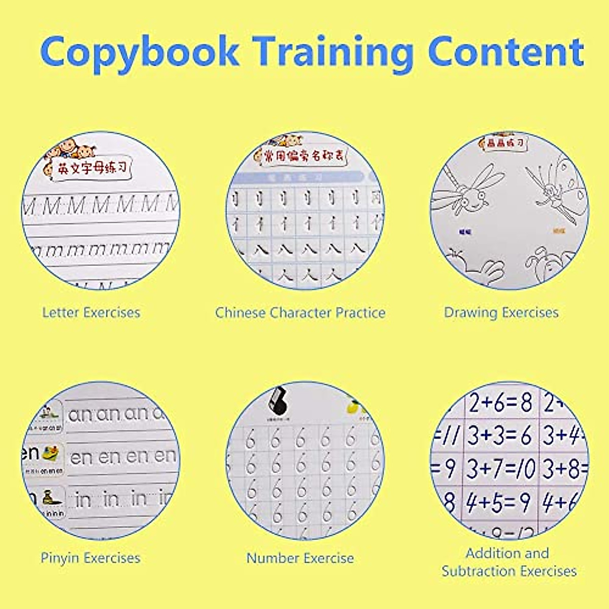 Magic Practice Copybook, Reusable Practice Calligraphy Tracing Book Set with Chinese, English, Painting, Spelling, Digital, Math