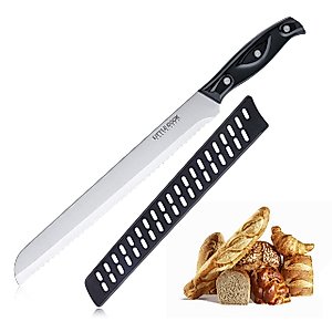 Little Cook Bread Knife with Cover, 10 inch serrated bread knife for homemade bread, German Stainless Steel brisket knife, Bread Cutter Ideal for Slicing Homemade Bread, Bagels, Cake