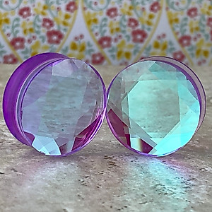 Mystic Metals Body Jewelry Pair of Purple Iridescent Aurora Borealis Faceted Glass Double Flare Plugs (PG-596) (3/4" (19mm))