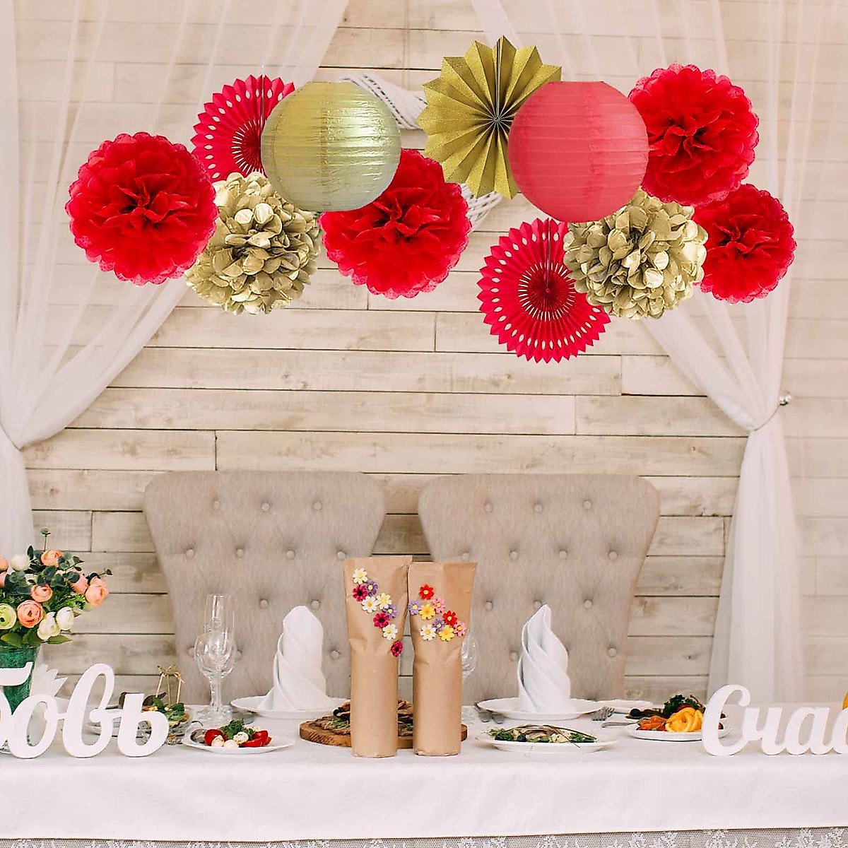 ANSOMO Red and Gold Party Decorations Paper Fans Lanterns Tissue Pom Poms Wall Hanging Decor Supplies Bridal Baby Shower Birthday Wedding Graduation