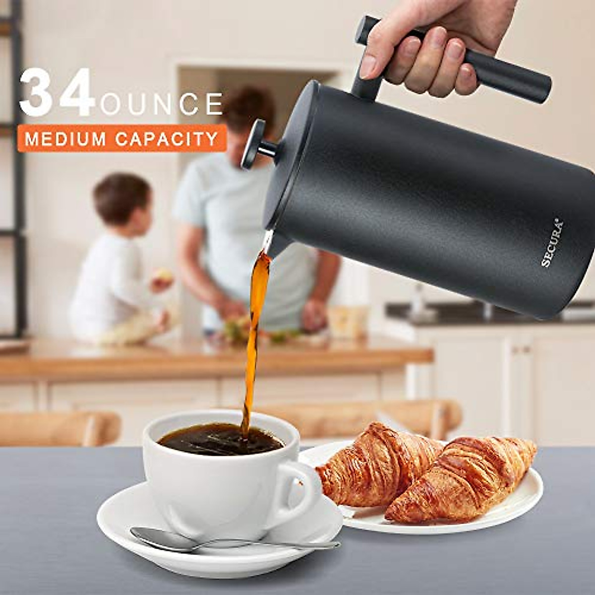 Secura French Press Coffee Maker, 304 Grade Stainless Steel Insulated Coffee Press with 2 Extra Screens, 34oz (1 Litre), Black