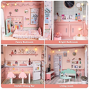 ROBUD Doll House, Wooden Dollhouse for Kids Toddler with Garden, Ladder, 25pcs Realistic Accessories, Gift for 3+ Years Old Girls Boys, Pink