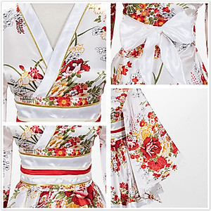 Japanese Anime Women's Dance Kimono Robe Fancy Dress Yukata Silk Folding Fans Tabi Hairstick Socks Set White Large