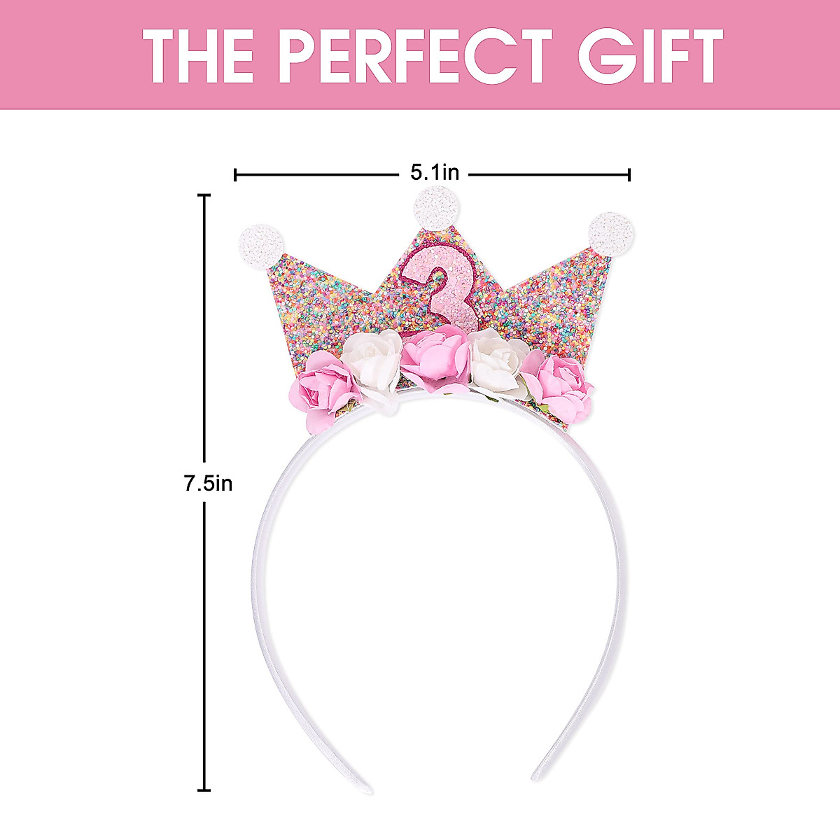 LINLULU Birthday Crown Headbands for Toddlers Girls - 2nd to 6th Birthday Crown, Princess Crown for Girls, Princess Tiara, Flower Crown Headbands for Birthday Girls (3rd birthday headband)