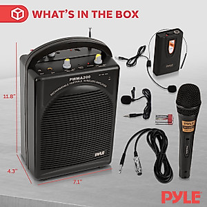 Pyle Portable PA Speaker & Microphone System - FM Stereo Radio, Built-in Rechargeable Battery, Aux & Microphone Inputs, Includes Beltpack, Hand-held Headset & Lavalier Mics - Black