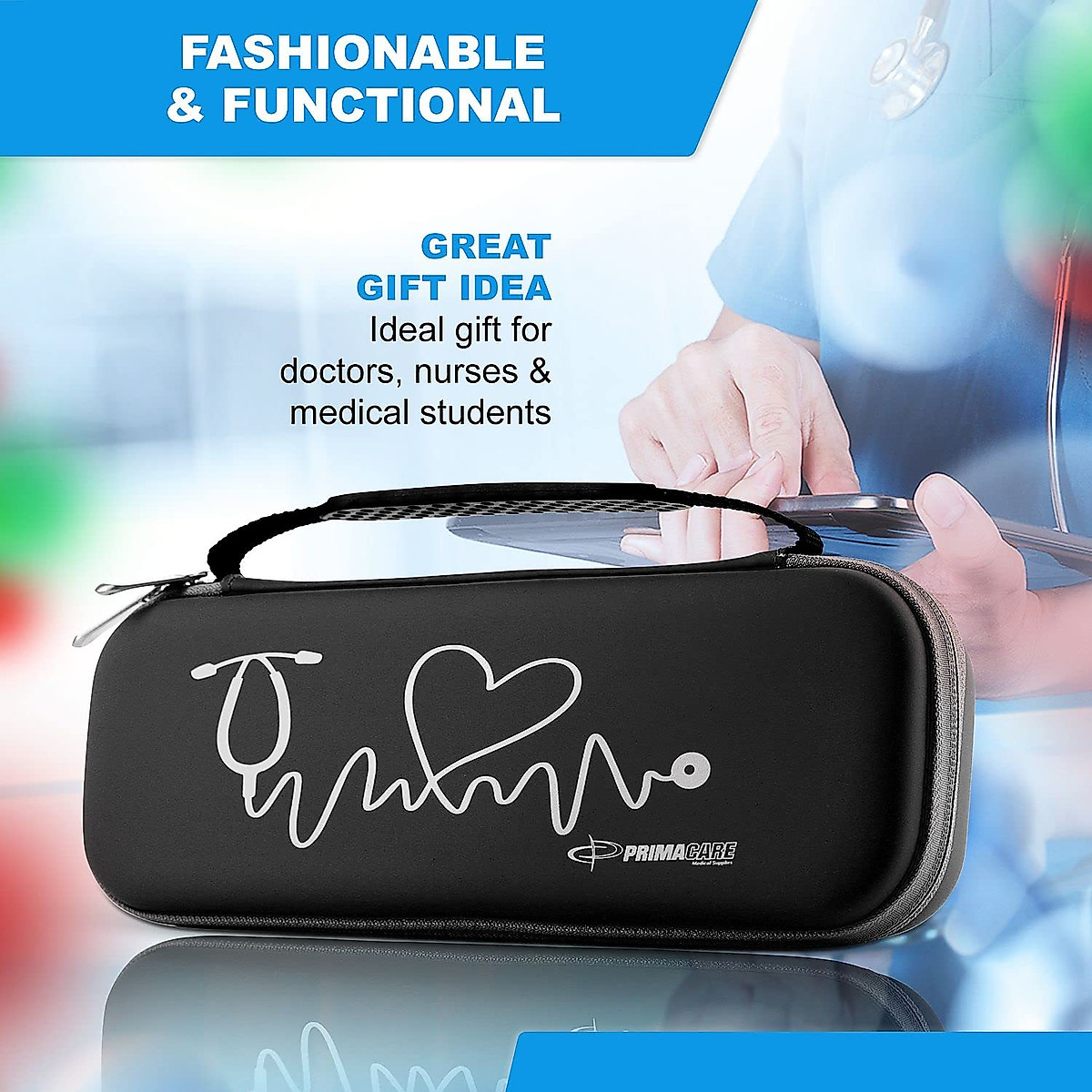 Primacare KB-9297-BK Black Stethoscope Case, Supplies NOT Included, for Stethoscopes and Medical Supplies, Multiple Compartments, Portable and Lightweight First Aid Kit Bag, Accessories for Nurses