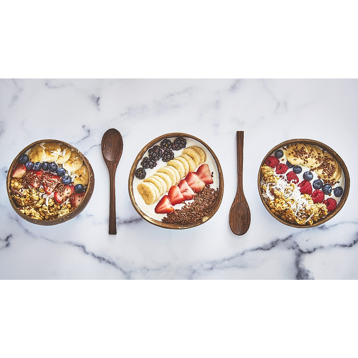 Coconut Bowls and Coconut Spoons Gift Set (Set of 4 Coconut Bowls + 4 Wooden Spoons) - 100% Natural - Vegan - Hand Made - Eco Friendly - Made from Reclaimed Coconut Shells - Bowls For Eating