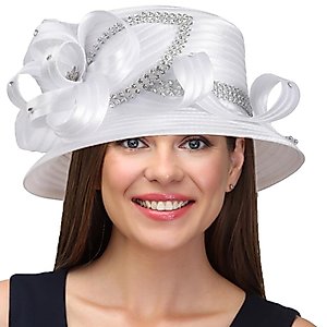 PGTEN Women's Satin Dress Church Hats with Rhinestones White