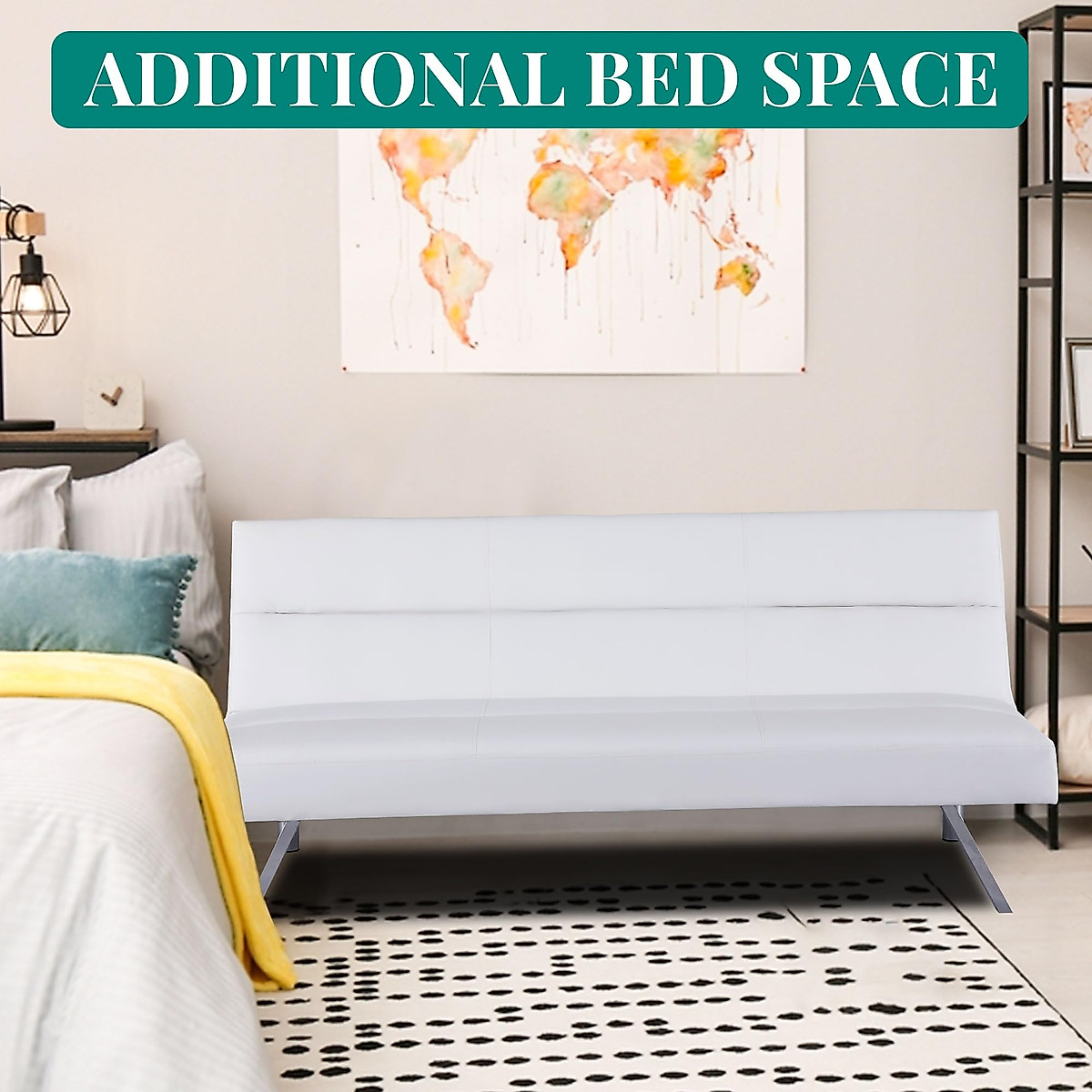 Naomi Home Faux Leather Futon Couch, Modern Convertible Folding Sofa Bed Couch Futon Sofa Bed with Chrome Legs, Reclining Mini Couch, Leather Futon Small Couch for Bedroom Living Room White