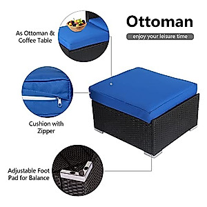 Patio Furniture Set with Ottoman, Outdoor PE Rattan Wicker Conversation Sofa Set W/Ottoman Footstool Set for Garden, Patio, Balcony, Beach, Space Saving Design(Dark Blue Cushion)
