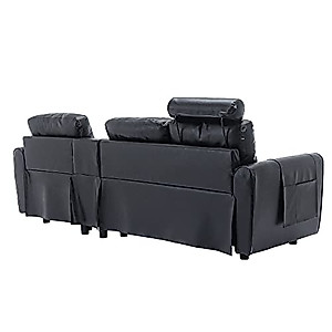 FANYE L-Shaped Corner Sectional Reversible Storage Chaise, Modern Convertible Sofa & Couch W/Headrest and Cupholders for Home Apartment Office Living Room, Black PU Leather