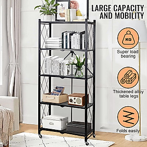 Fenbeli 5 Tier Storage Shelf with Wheels - Metal Collapsible Shelving Unit Display, Heavy Duty Folding Shelves, No Assembly Organizer Rack for Garage Kitchen, Basement, Pantry (Black, 5 Tier)