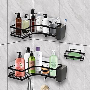 Adhesive Corner Shower Caddy, 2 Packs Shower Organizer Shelves No Drilling Stainless Steel Shower Storage Rack with Hooks & 2pcs Toothpaste Holders for Bathroom Rustproof, Space Saving (Black 5pcs)