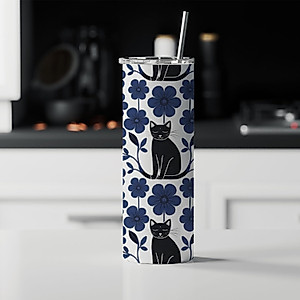 Medpol Cat and floral print tumbler with lid and straw 20 oz insulated tumbler cups Cat and floral print insulated travel coffee mugs for women cute sippy cups stainless insulated travel cups