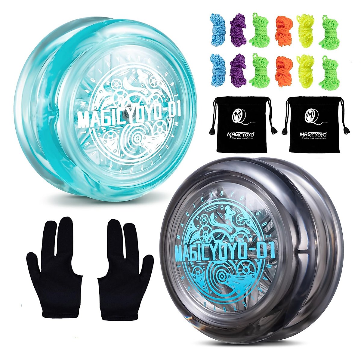 Looping Yoyo D1 Responsive Yoyo for Kids - 2A Loop Yoyo for Beginner, Starter Yoyo Easy to Play Basic String Tricks Yoyo with 12 Yoyo Strings, 2 Bags, 2 Yoyo Gloves(Crystal Black and Crystal Blue)