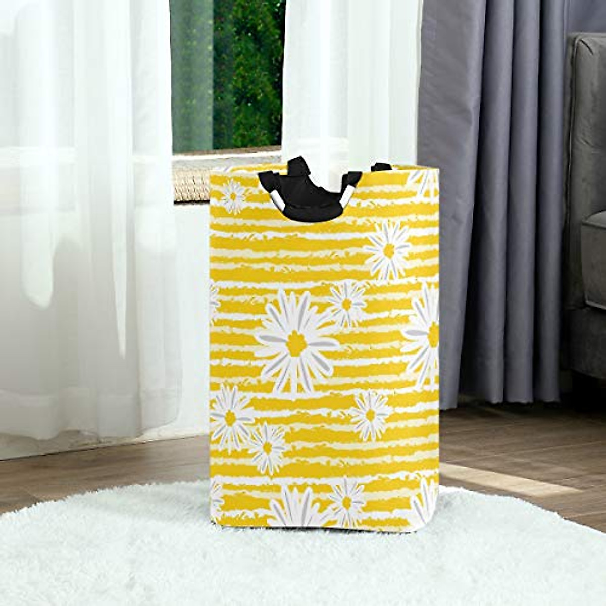 One Bear Flower Laundry Basket Cute Daisy Chamomiles Flowers Floral Yellow and White Stripes Foldable Large Laundry Hamper Bucket with Handles Collapsible Nursery Storage Bin for Kids Clothes Toy