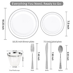WELLIFE 350Pcs Silver Plastic Plates with Disposable Silverware and Cups, Include: 50 Dinner Plates 10.25”, 50 Dessert Plates 7.5”, 50 Silver Rim Cups 9 OZ, 50 Pre Rolled Napkins Packed in