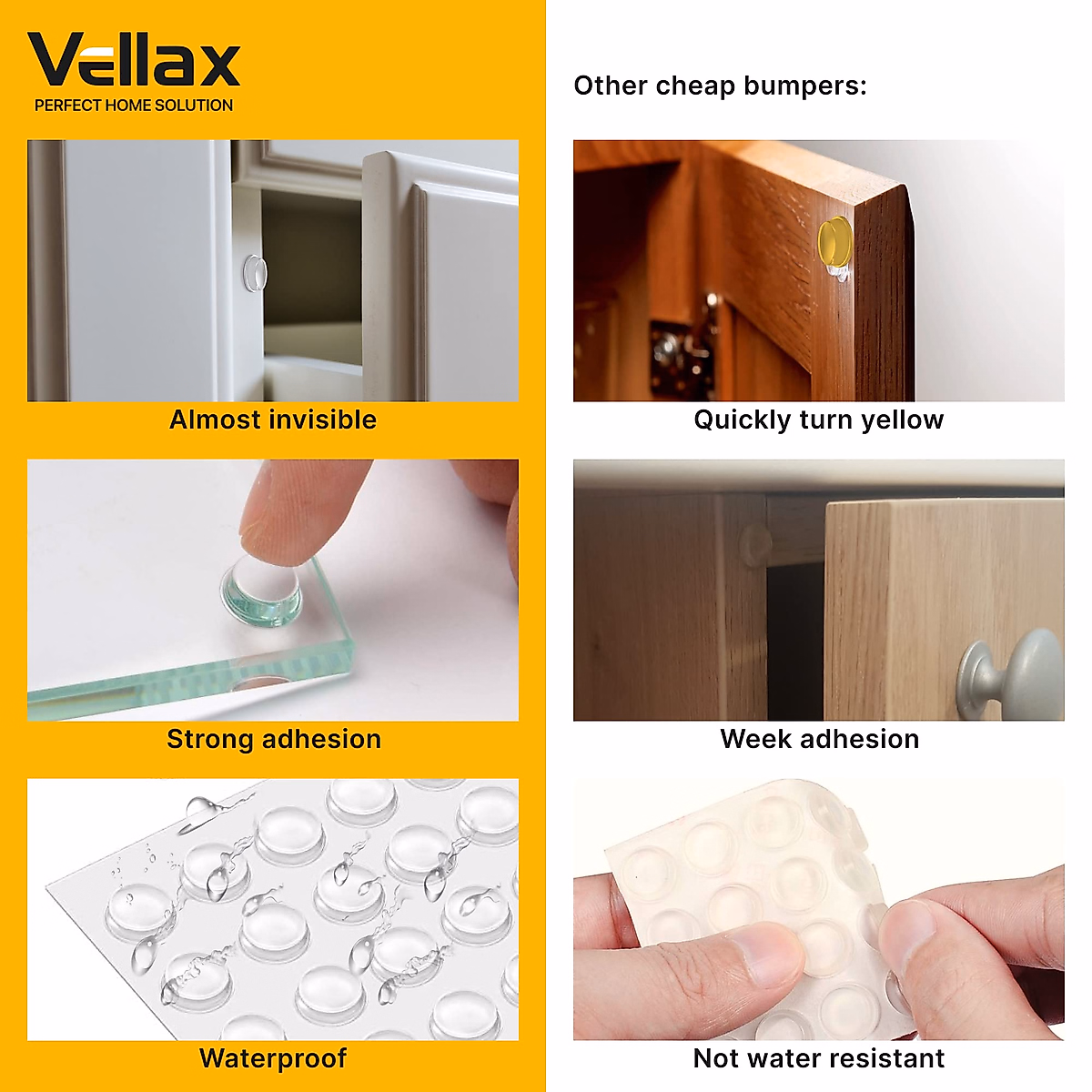 Vellax Self Adhesive Cabinet Door Bumpers - 64 pcs Sticky Silicone Clear Sound Dampening Rubber Bumpers for Wall Protection, Kitchen Furniture, Decor, Drawer Stops
