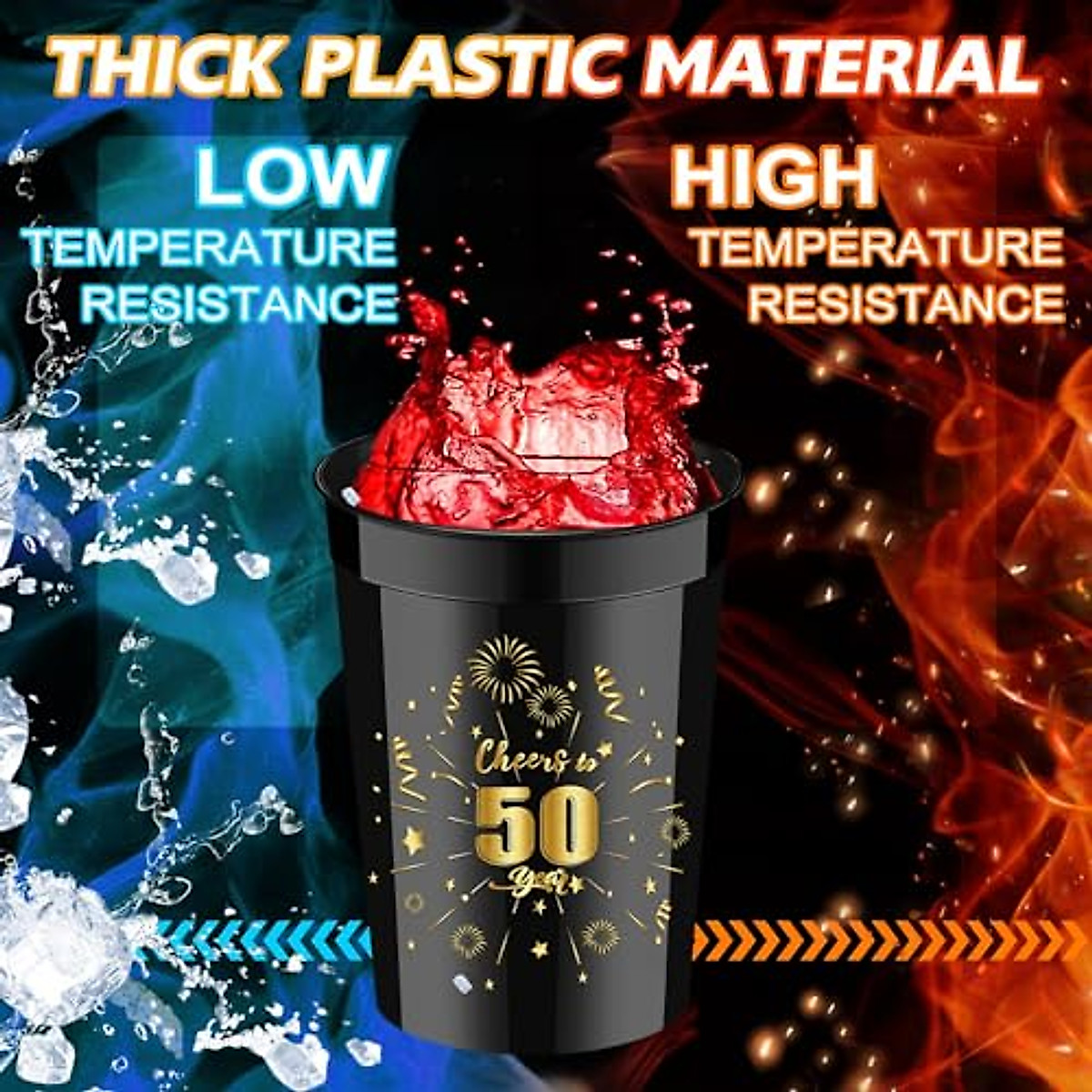 Mototo 30 Pieces 50th Small Birthday Cups 8 oz Cheer to 50 Years Plastic Cups Plastic Birthday Stadium Cups Black and Gold Plastic Cups for Birthday Party Favors Anniversary Wedding Party Supplies