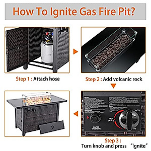 CUREALLSO Propane Gas Fire Pit Table, 43 Inch 50,000 BTU Rattan Look Auto-Ignition Outdoor Fire Tables, with Glass Wind Guard ,Waterproof Cover,CSA Approved for Garden Patio Backyard Deck Poolside