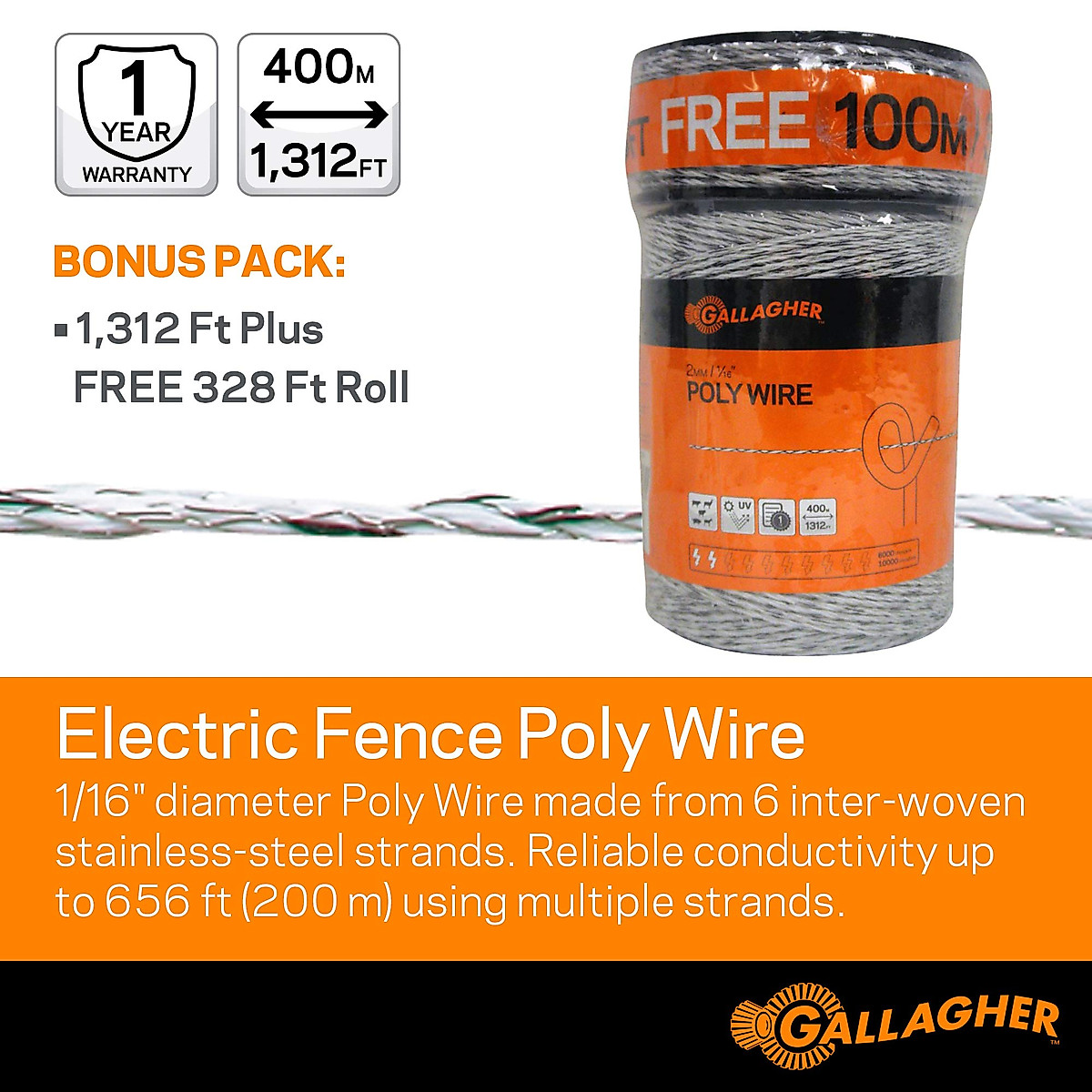 Gallagher Electric Fence Poly Wire | Bonus Pack - 1312 Ft Plus Free 328 Ft Roll | 6 Stainless Steel Strands for Reliable Conductivity and Rust Resistance | 1/16" Diameter Polywire | UV Resistant