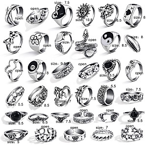 35 Pcs Vintage Silver Knuckle Rings Set for Women Men, Grunge Gothic Rings Chunky Aesthetic Snake Stackable Ring Adjustable Y2K Punk Bulky Boho Finger Alt Fairy Skull Frog Heart Star Flower Midi Ring Pack