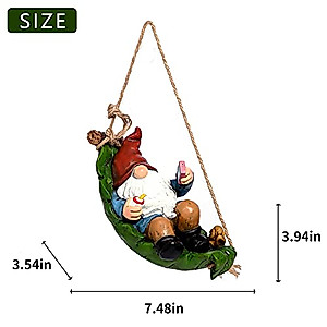 ASAMASA Funny Garden Gnomes Outdoor Hanging Statue, Fairy Garden Swinging Leaf Hammock Gnome Figurine for Lawn Patio Yard Tree Decorations,Adorable Relaxed Gnome
