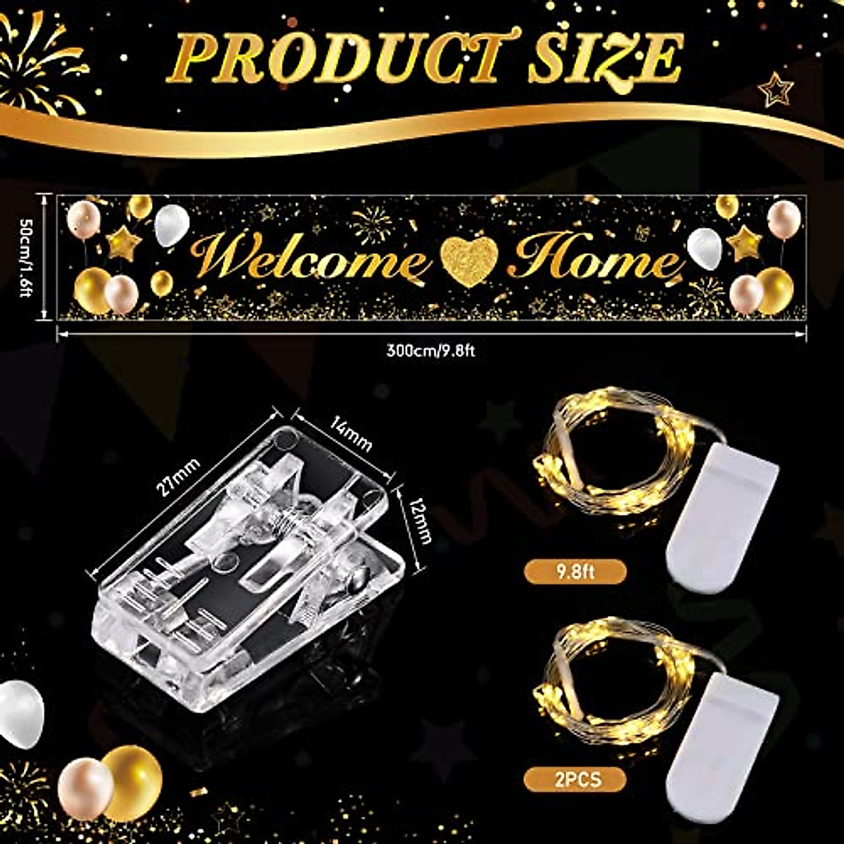 Welcome Home Banner Large Black Gold Welcome Home Yard Sign with LED String Light and Clips for Outdoor Decor Family Gathering Military Homecoming Deployment Returning Party Supplies, 9.8 x 1.6 ft