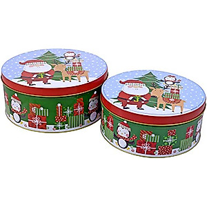 Round Nesting Tins With Holiday Print Designs Bundle of 2 Round Metal Tins with Lids for Cookies, Candy, Food Presents - 1- 6 and 3/4 Inches and 1- 6 inches Diameter