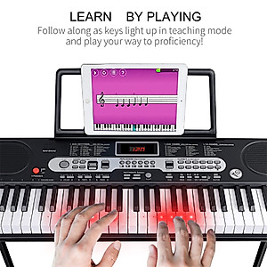 Fujampe 61Key Keyboard Piano W/Lighted Keys, LCD Display, Piano Bench, Microphone, Headphones, Note Stickers, Keyboard Stand, Music Stand, Electric Portable Piano Keyboard for Beginners