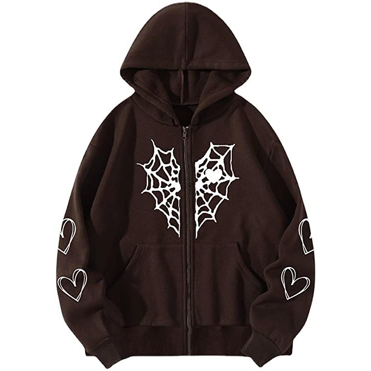 Y2K Gothic Spider Web Heart-shaped Print Hoodied Pullover Punk Zip Up Jacket Coat Harajuku Loose Oversized Streetwear (Black Pink,S)