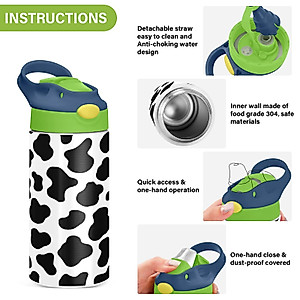 Kigai 12 oz Cow Kids Water Bottle,Insulated Stainless Steel Water Bottle with Straw Lid Double Walled Leakproof Flask for School Toddlers Girls Boys
