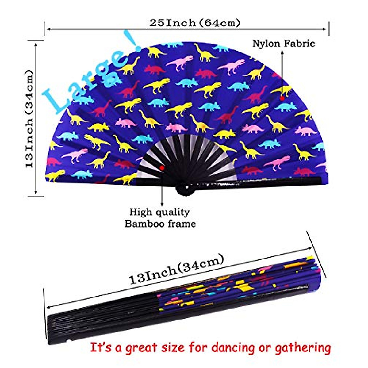 Amajiji Large Rave Folding Hand Fan for Men/Women, Chinease/Japanese Bamboo Hand Fan, Festival Accessories Performance Decoration Gift Dance Handheld Fan (Dinosaur)