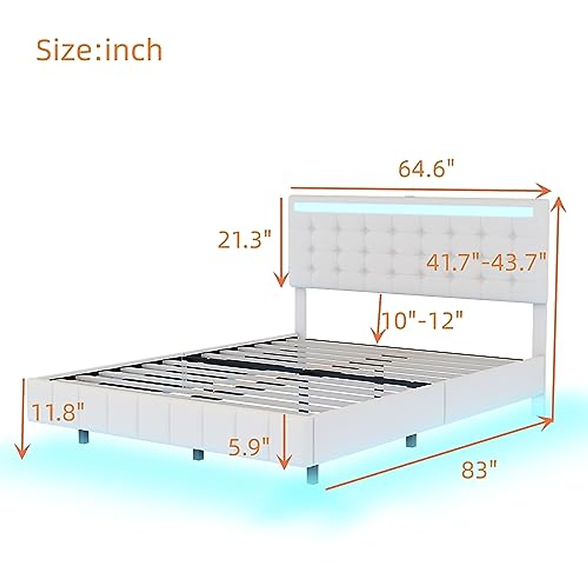 Goujxcy Queen Size Floating Bed Frame with LED Lights and USB Charging, Modern Upholstered Platform LED Bed Frame with Button Tufted Headboard (White 1+PU)