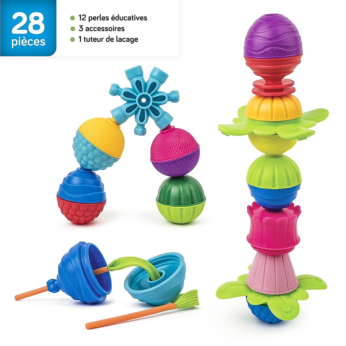 Lalaboom 28 Piece Baby Toddler Beads – Montessori Educational Shape and Color STEM Construction Toy 10 Months to 3 Years - BL230, Multicolor