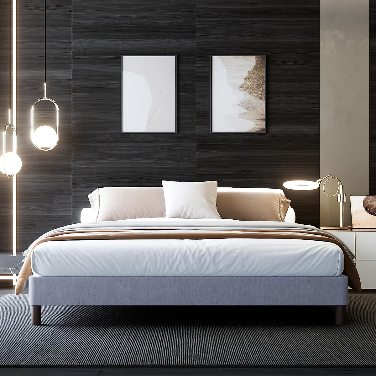 yoyomax Full Size Bed Frame, Classic Wood Platform Slats Support/Mattress Foundation/Tool-Free Assembly within 10 Mins/No Box Spring Needed, Elegant Gray