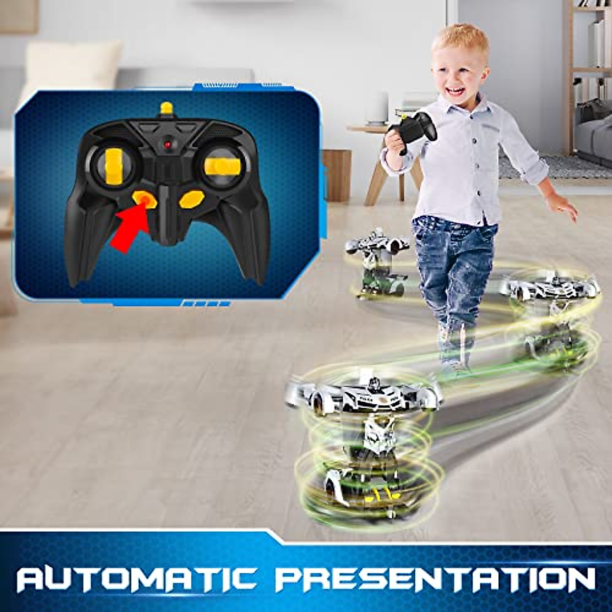 FDJ Remote Control Car - Transform Car Robot, One Button Deformation to Robot with Flashing Lights, 2.4Ghz 1:18 Scale Transforming Police Car Toy with 360 Degree Rotating Drifting for Boys and Girls