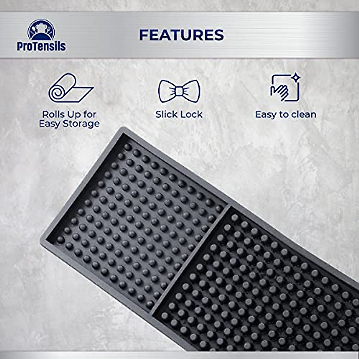 ProTensils Rail Bar Mat 23" x 3.25" Black Rubber Bar Mats, Bar Service Spill Mats for Counter-Top (2 Pack)
