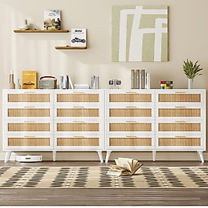 Rovaurx 8 Drawer Double Dresser for Bedroom, Rattan Chest of Dressers, Modern Wooden Dresser Chest with Golden Handles, Beside Table for Closet, Living Room and Entryway, White and Natural