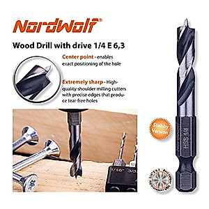 NordWolf 7-Piece HSS Brad Point Stubby Wood Drill Bit Set with 1/4" Hex Shank for Carpenter Woodworking, SAE Sizes 1/16"-3/32"-1/8"-3/16"-1/4"-5/16"-3/8"