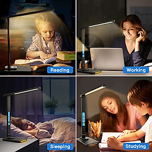 LED Desk Lamp with Wireless Charger: Desk Lamps USB Charging Ports for Home Office Bedroom - Touch Control with 5 Color Modes & Brightness Dimmable, 2 Night Lights, Eye-Caring for Reading(Black)